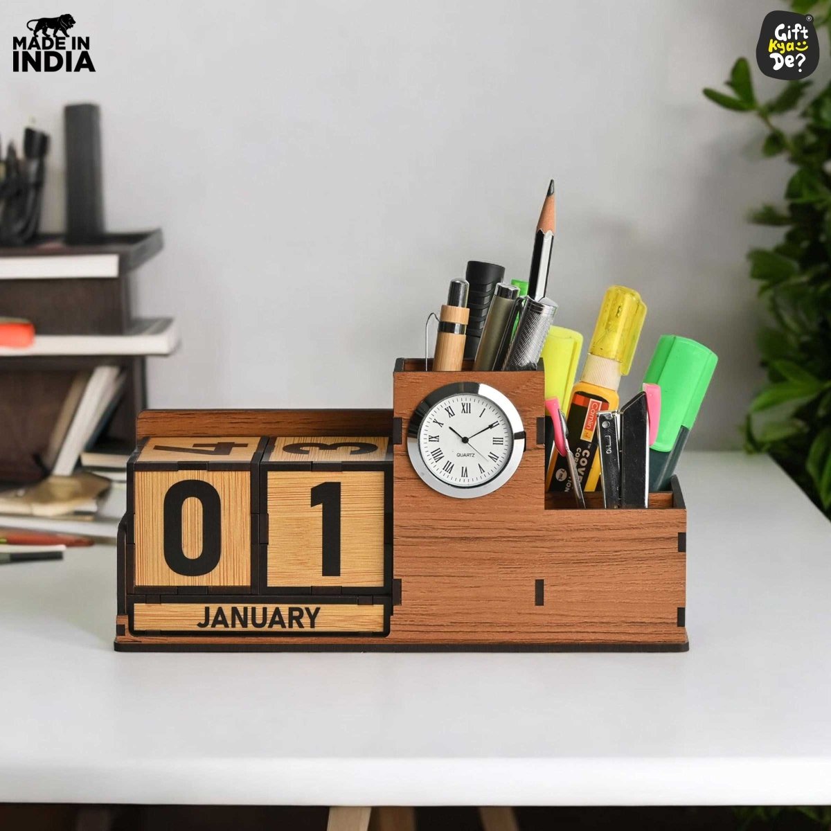 Wooden Desk Organizer with Calendar and Clock | Corporate Gifts – Gift ...