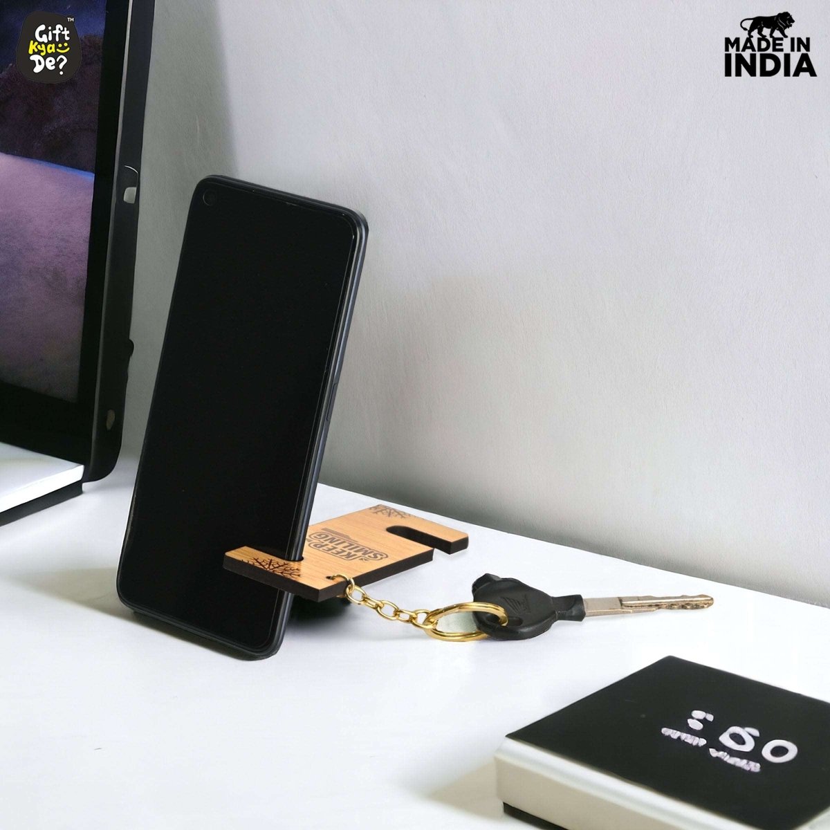 Cellphone Stand with Keyring | Wooden Mobile Stand | Premium Golden ...