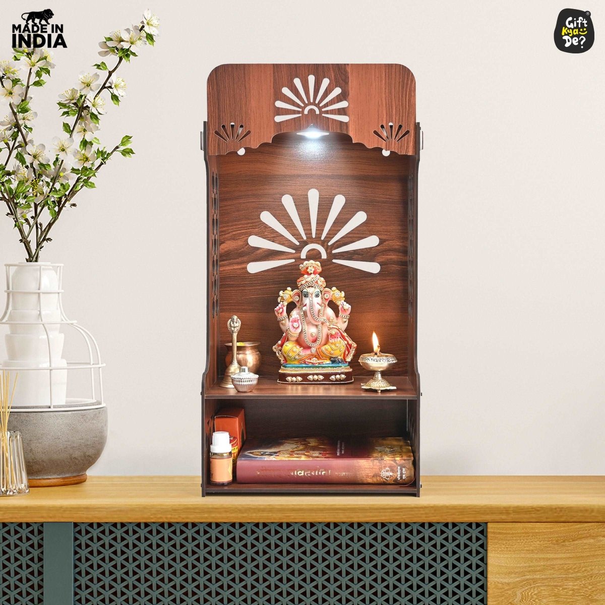 Buy Wooden Temple Online | Mandir With Light & Storage – Gift Kya De